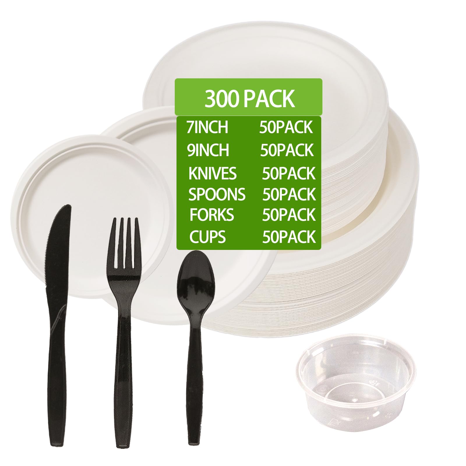emlifepak Compostable Paper Plates and Utensils 300PCS, Heavy-Duty ...