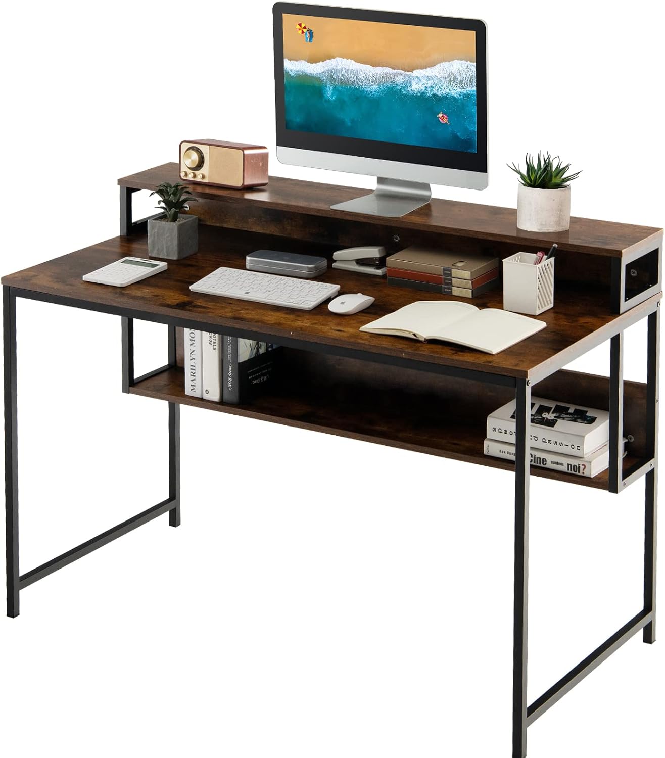 Amazon.com: COSTWAY Industrial Computer Desk, w/Monitor Shelf ...