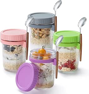 Amazon.com: 4 Pack Overnight Oats Containers with Lids and Spoons, 10 oz Glass Mason Overnight ...