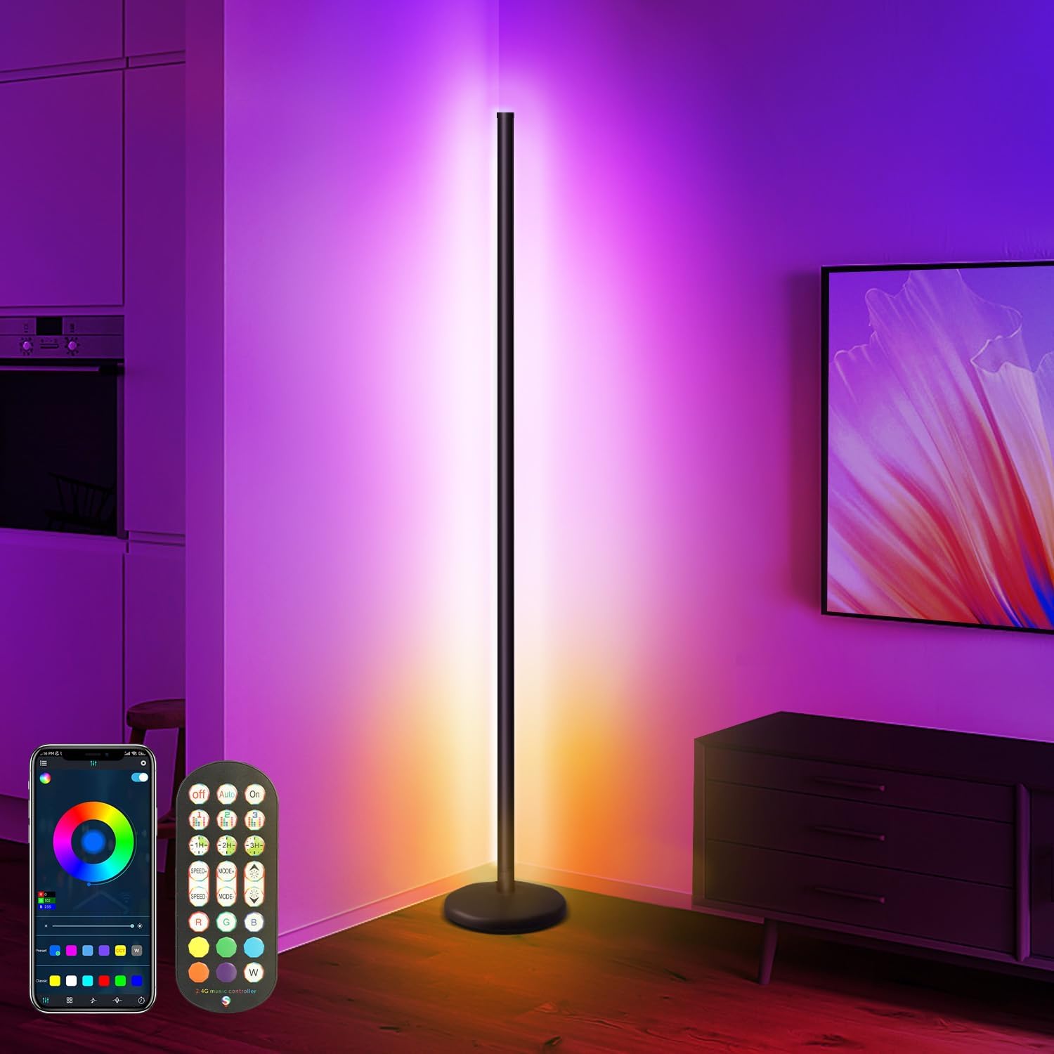 OUTON LED Corner Floor Lamp, 165cm Dimmable Modern RGB Color Changing ...