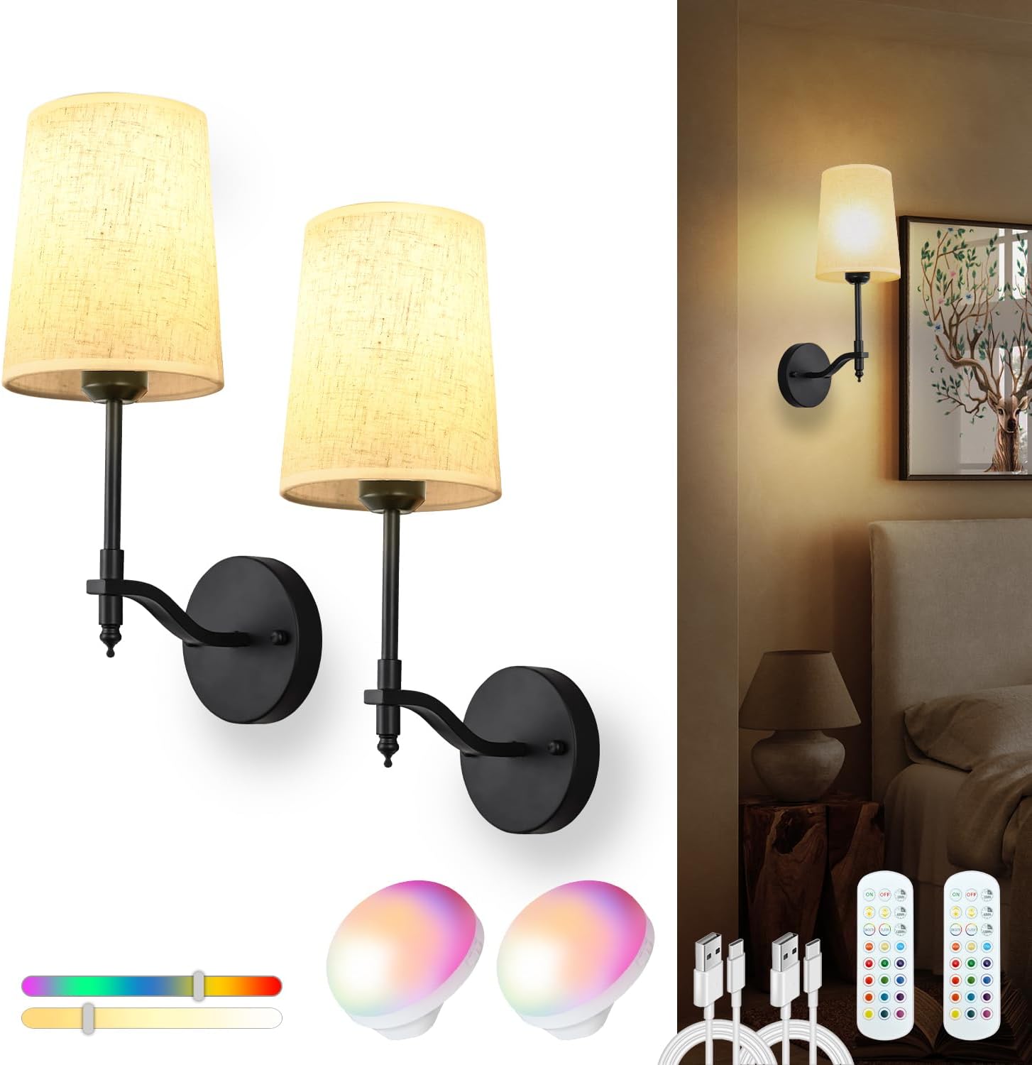 LIKERTLA Battery Operated Wall Sconce Set of 2,Black Wireless ...