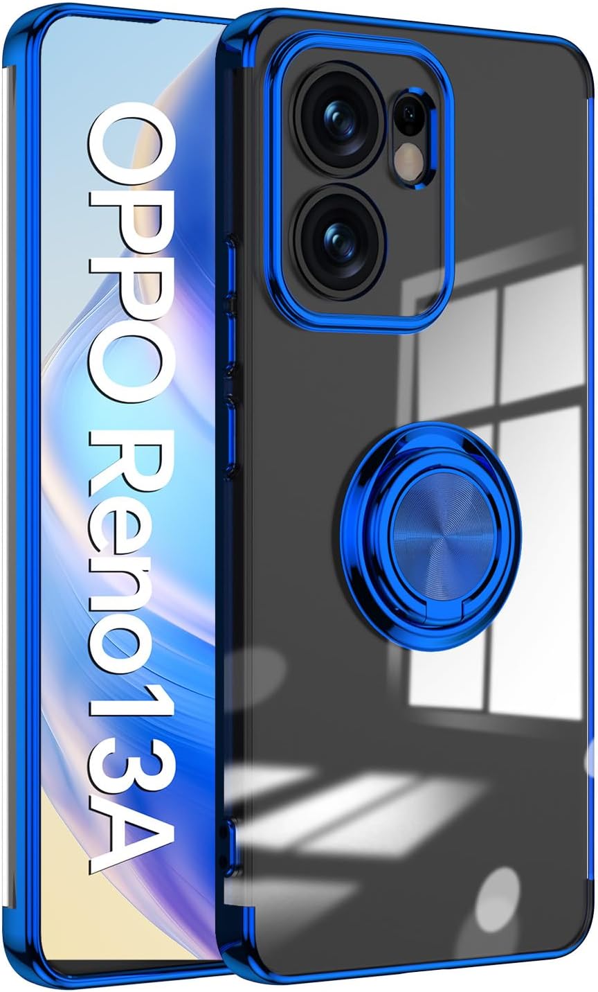 Amazon.co.jp: OPPO Reno13 A 用 ケース CPH2699 バンパー 透明TPU 耐衝撃 青メッキ加工 リング ストラップホール付き スタンド機能 車載ホルダー対応 ...