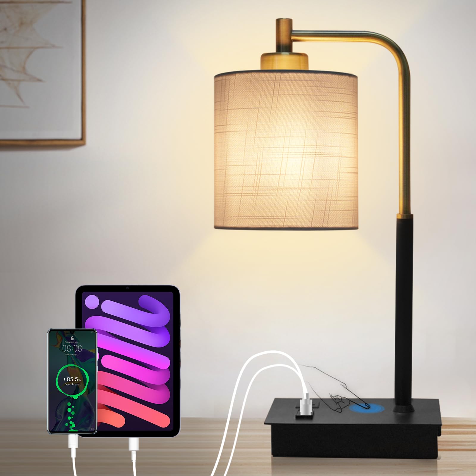 OYedis 3-Way Dimmable Touch Control Bedside Lamp with USB A+C Ports and ...