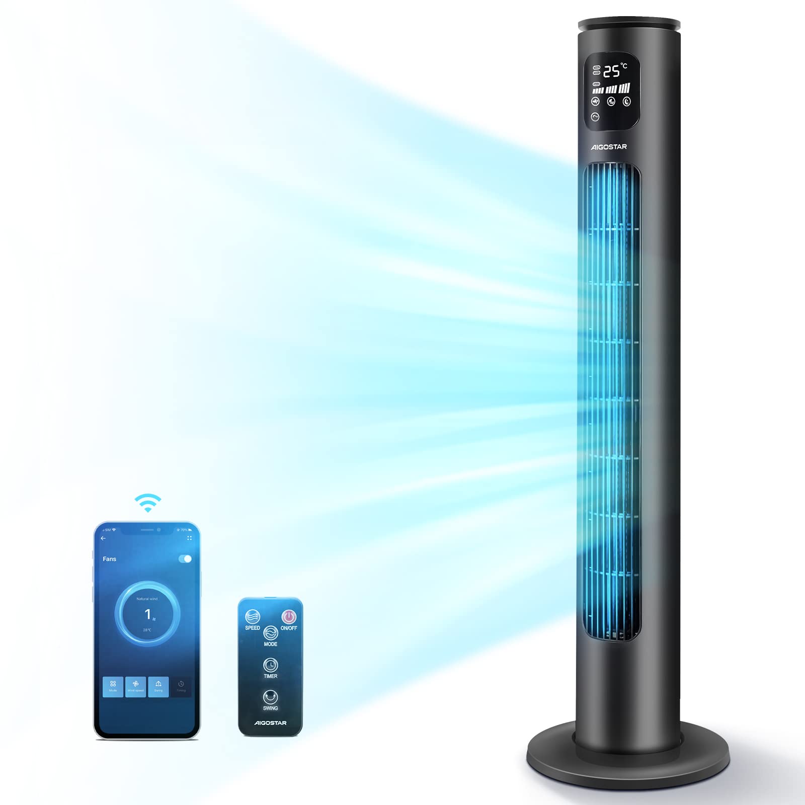 Aigostar Smart Tower Fan 40” with Remote Control, 24 Hours Timer, Quiet ...