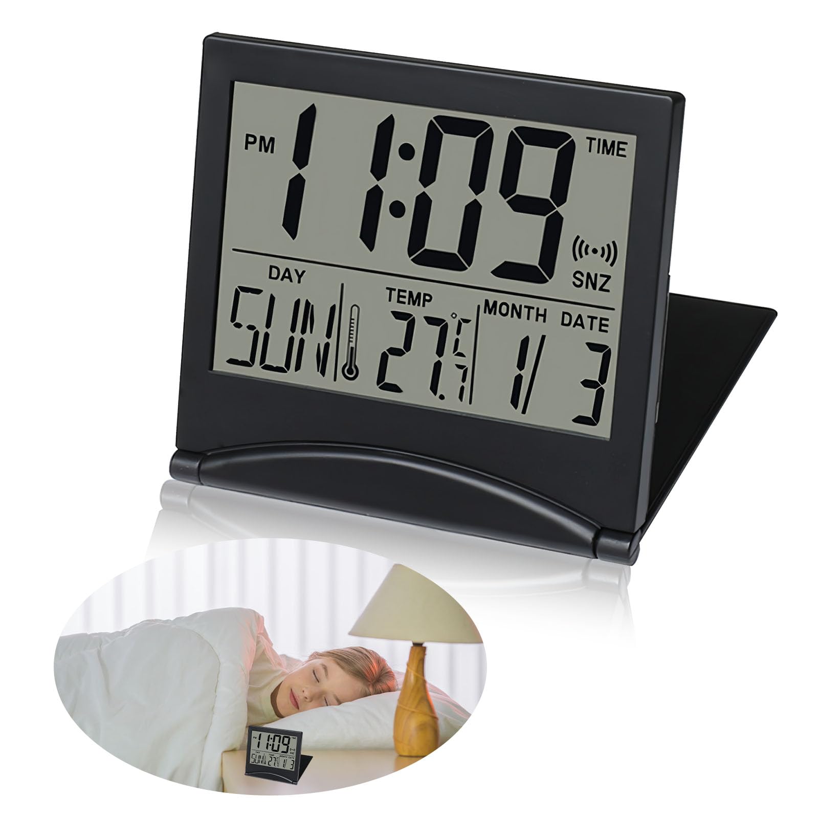 Black Digital LCD Clock Alarm Travel Foldable Desk Clock Bedside ...