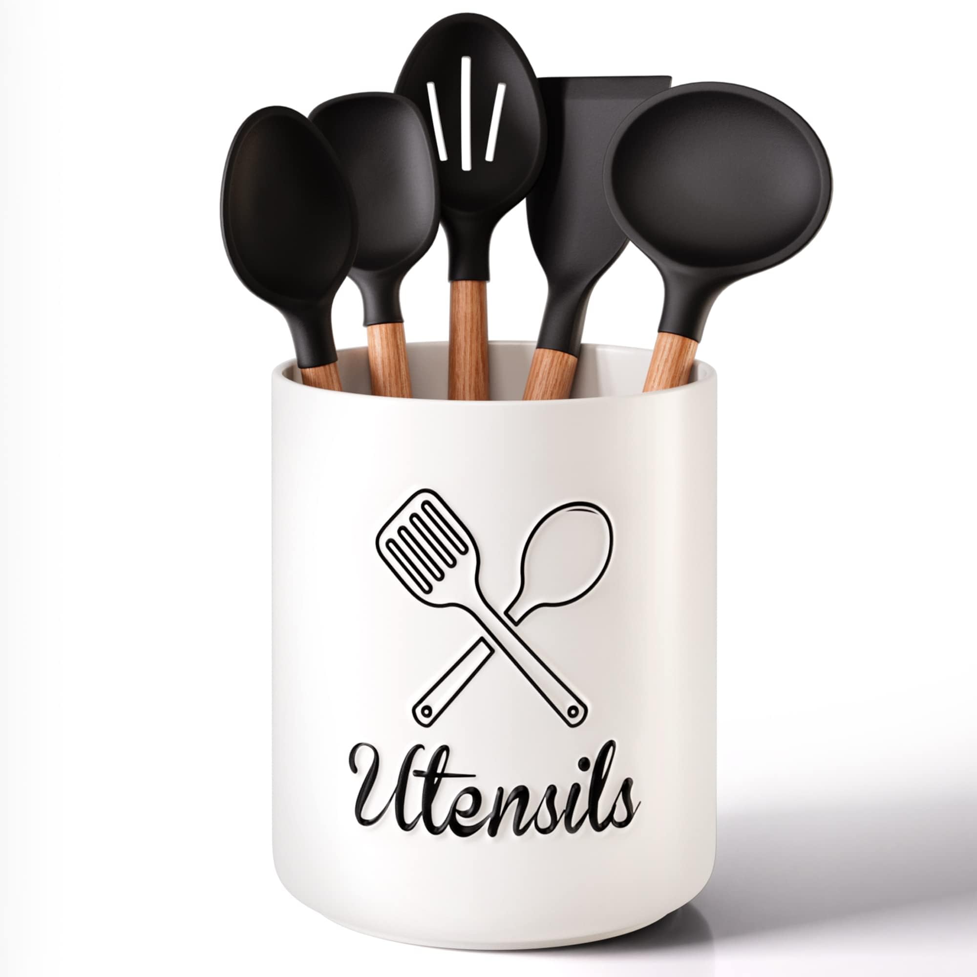 Amazon.com: Ceramic Utensil Holder with Bamboo Rack Detachable ...