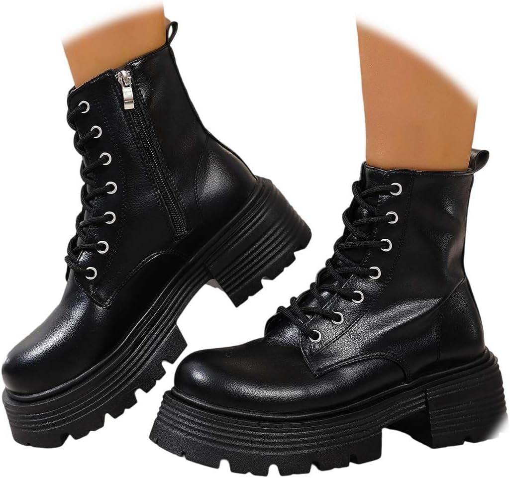 Amazon.com | Women's Mid Calf Combat Boots Lace-up Elastic Chunky Platform Boots Leather Combat ...
