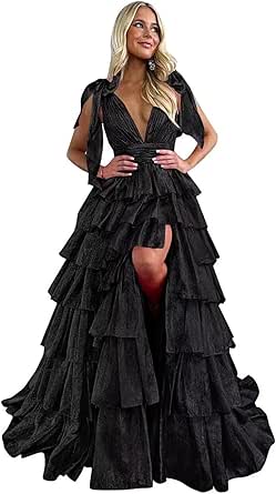 Yukale Women's Tiered Tulle Prom Dresses Long Ruffles Ball Gown V Neck ...