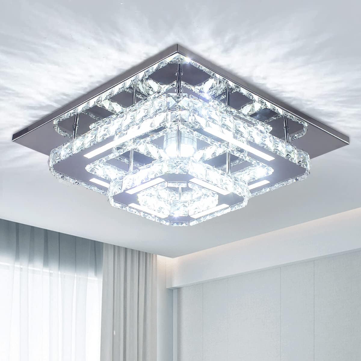 Finktonglan Modern Crystal LED Ceiling Light, 2-Square Chandelier Lamp ...