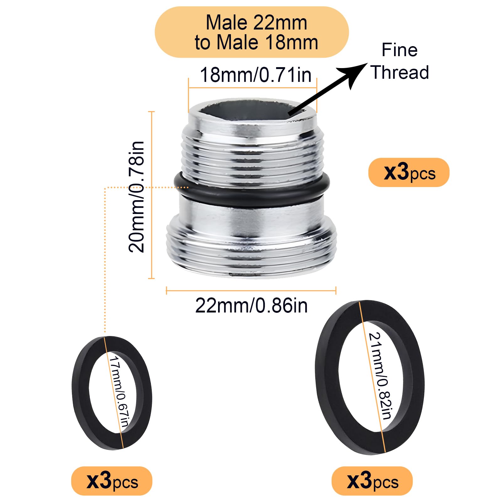 3 pcs Faucet Adapter Kit, CNYMANYHeighten Male M22mm to Male M18mm Fine ...