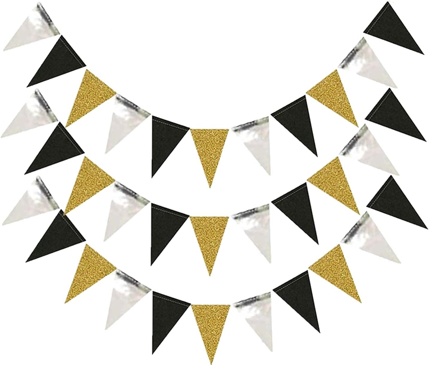 Voarge 30 Feet Double Sided Glitter Paper Triangle Flag, Black and Gold ...