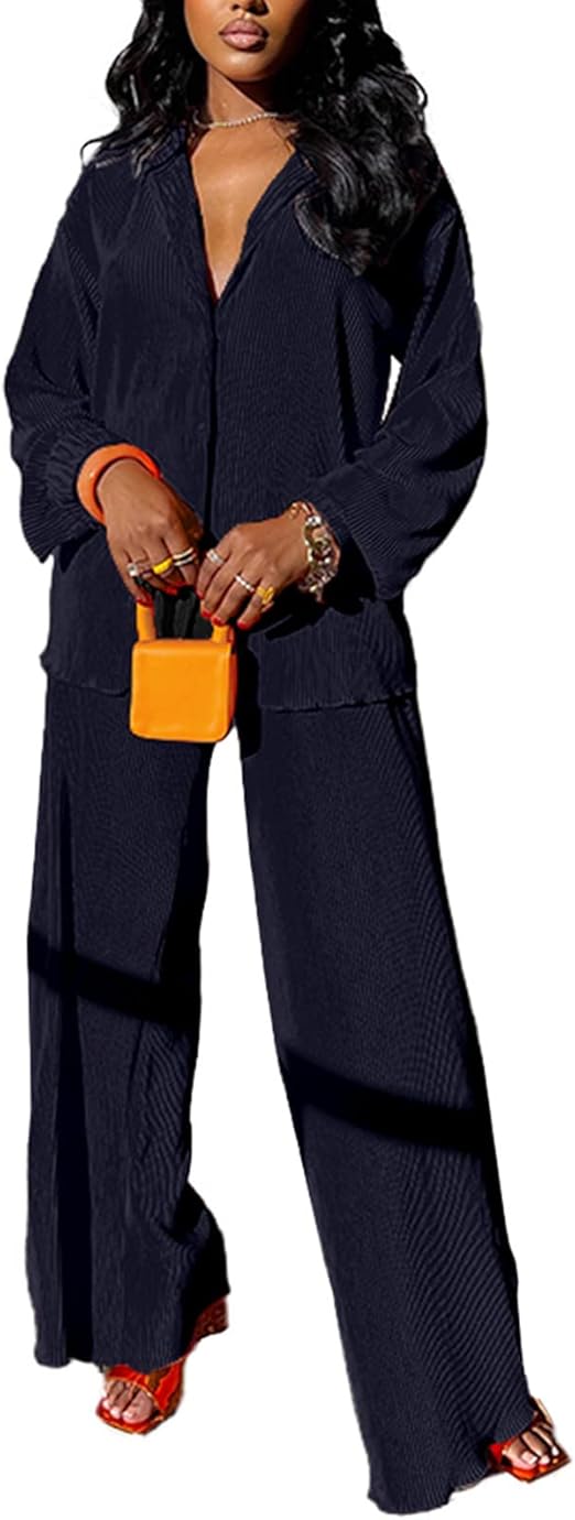 Amazon.com: kaimimei Casual 2 Piece Outfit for Women - Linen Long Sleeve Button Down Shirt ...