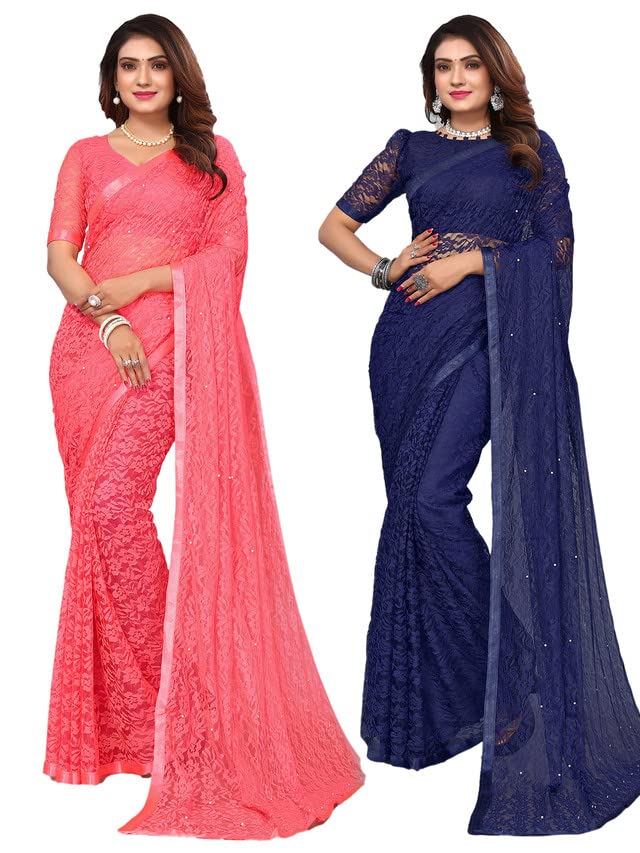Buy SIRIL Women's Lace & Pearl Work Rasel Net Saree with Blouse Combo ...