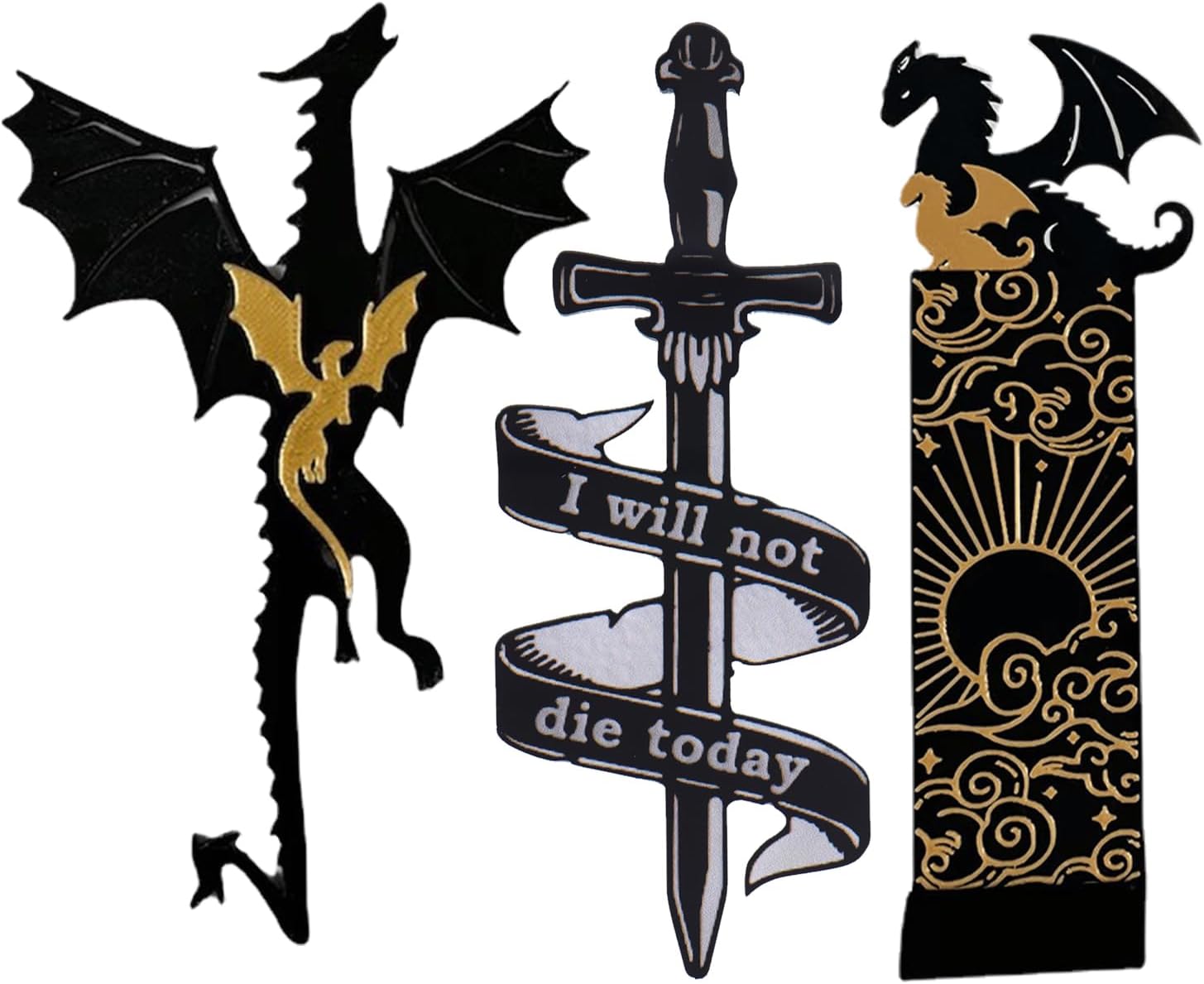 Fourth Wing Merch | Dragon Bookmark | Cool Bookmarks | Black and Gold Dragons with Sun and ...
