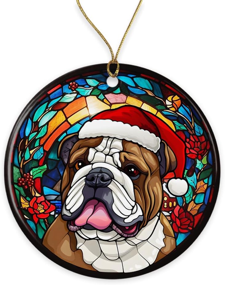 Amazon.com: English Bulldog Santa Hat Stained Glass Ornament - Xmas ...