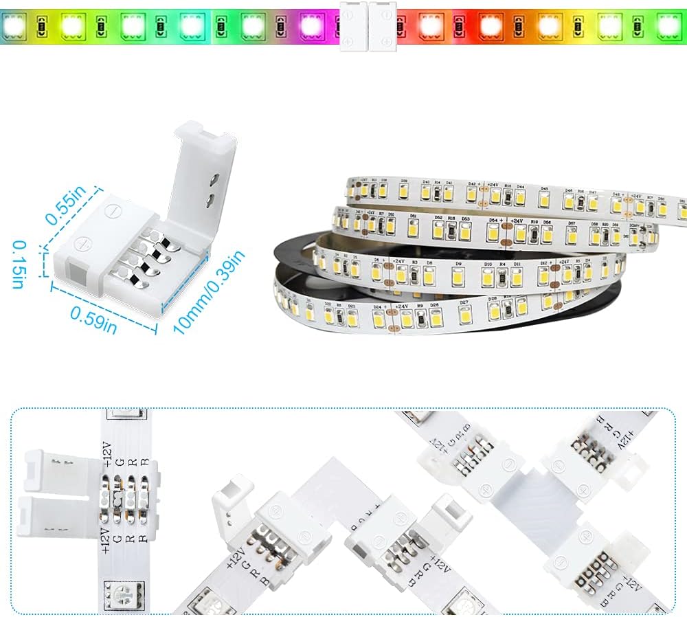 LightingWill 4-Pin RGB LED Light Strip Connector Kit 10mm Solderless ...