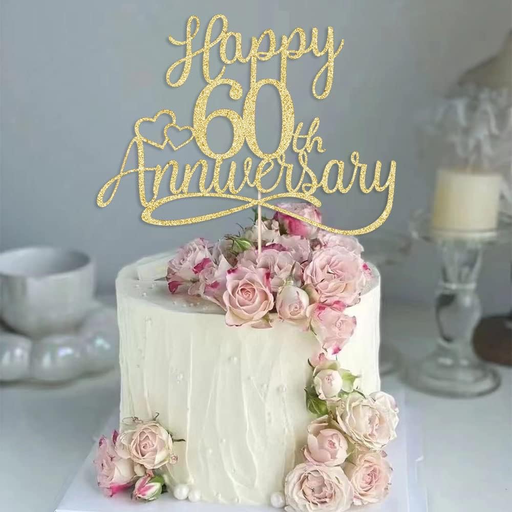 Amazon.com: Sleyberoy Gold Glitter Happy 60th Anniversary Cake Toppers ...