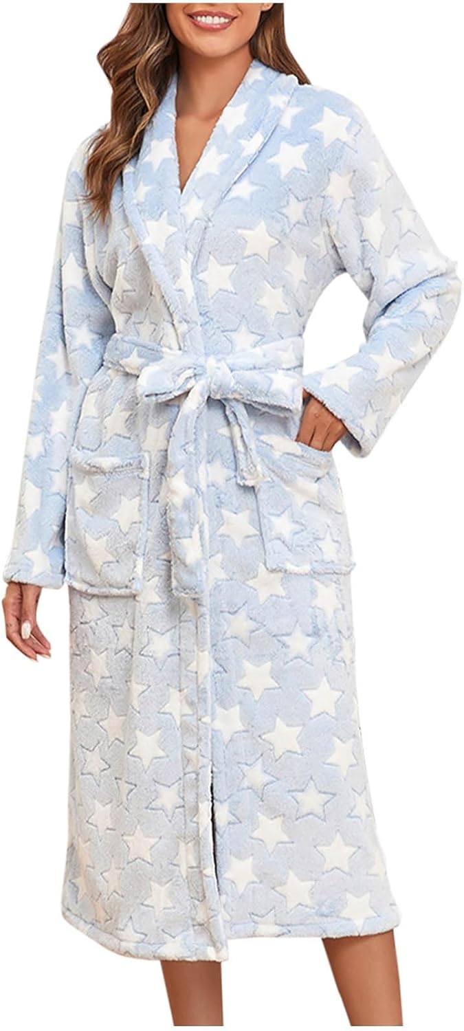 viwoeim Fleece Robe Women Cute Star Print Bathrobes Belted Soft Mid ...