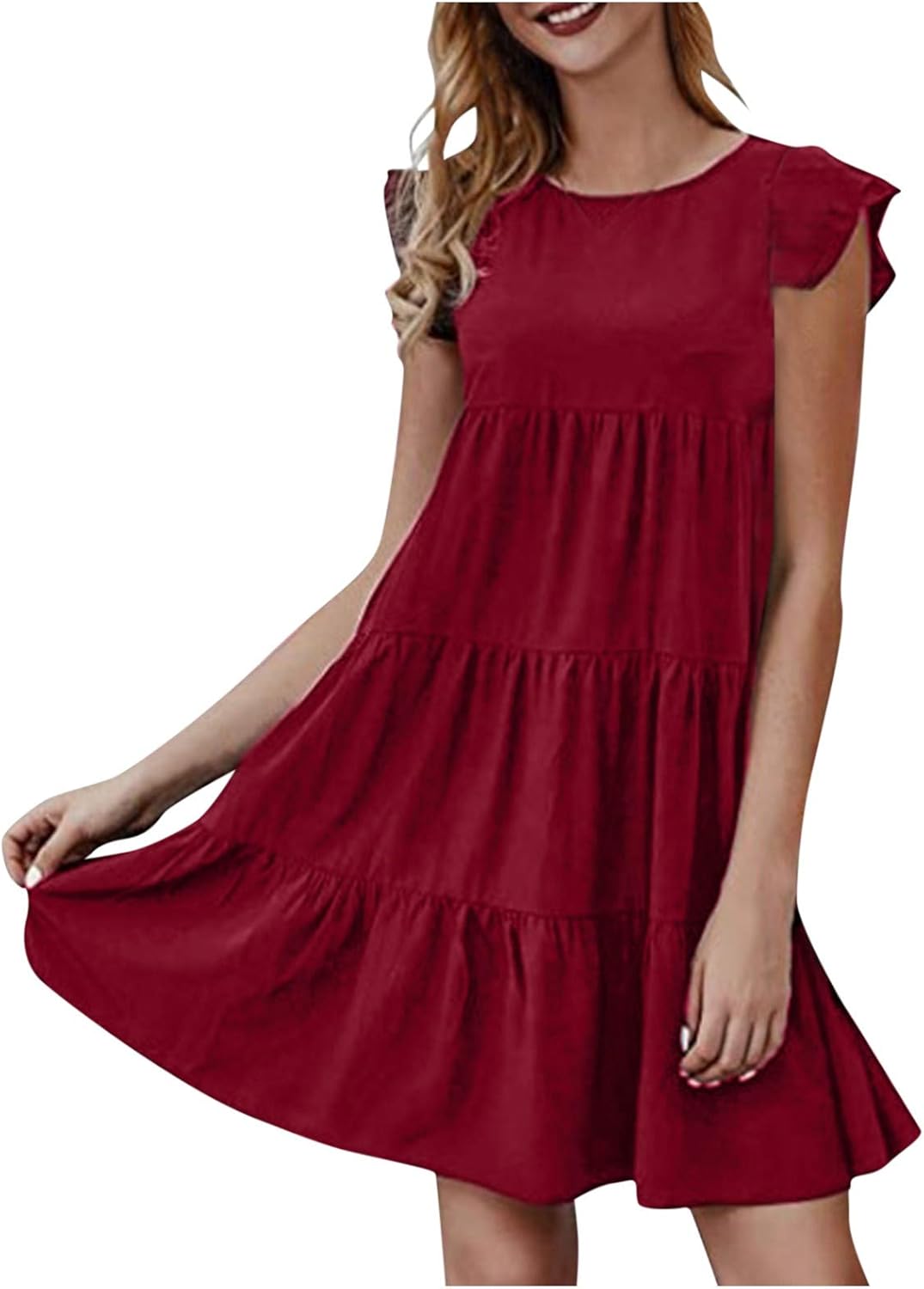 Women Solid Color Sundress Flutter Sleeve Tiered A Line Dress Summer ...