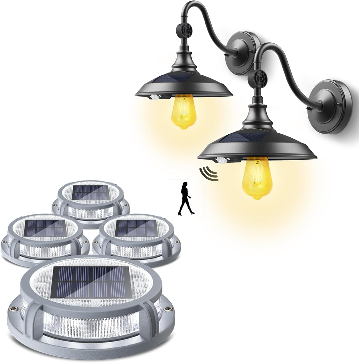 SIEDiNLAR Solar Deck Lights Outdoor 2 Modes 16 LEDs & Solar Barn Light ...