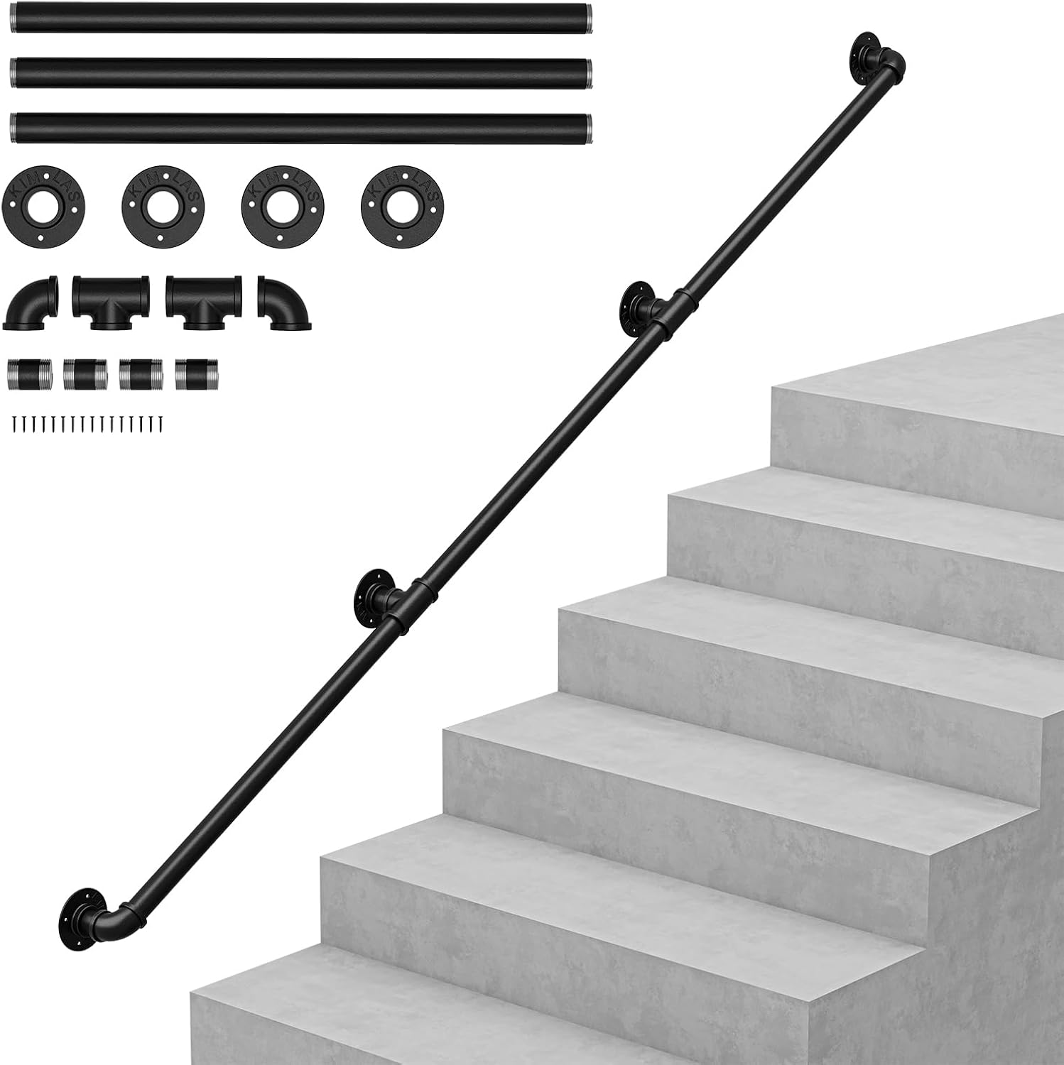 OUNUO Wall Handrail for Stairs Steps, Black Metal Industrial Pipe ...
