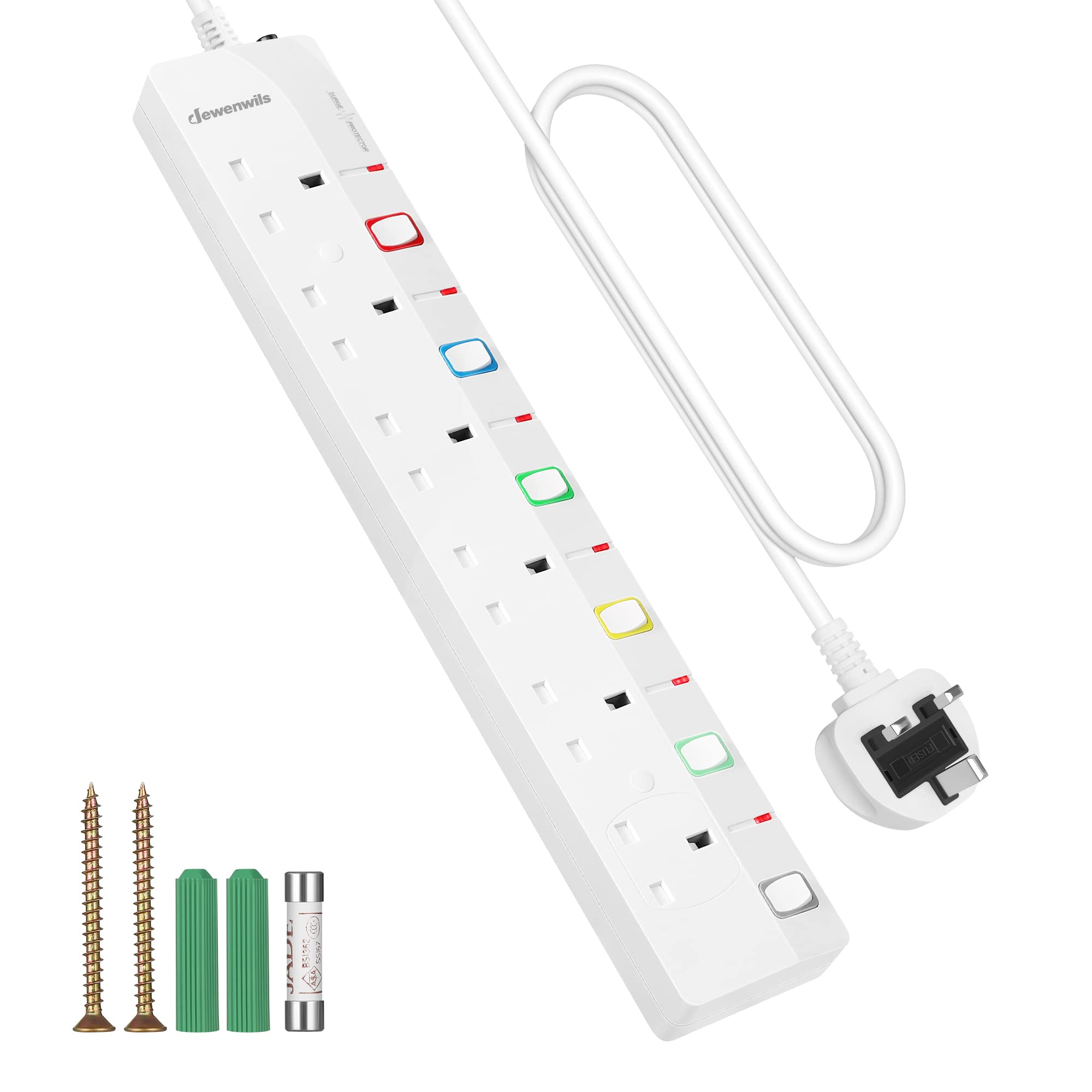 DEWENWILS 6Way Extension Lead with Individual Switches, Surge Protected ...