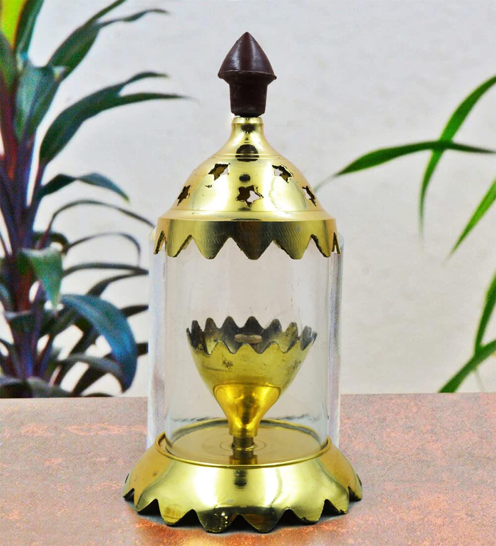 Buy CraftVatika Brass Diya with Glass Cover for Pooja Brass Table Diya ...