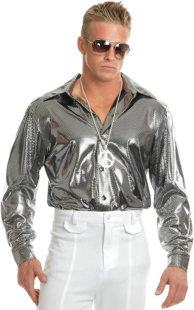 Amazon.com: Charades Men's Nail Head Disco Shirt, Silver/Black, 1X ...