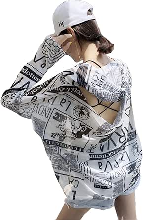 Amazon | [JIANGWEI] （ジャンーウェ）レディース 長袖 ラッシュパーカー プルオーバー フード付き Tシャツ 長袖 バックオフ 新聞柄 プリント ファッション 春夏秋 UV ...