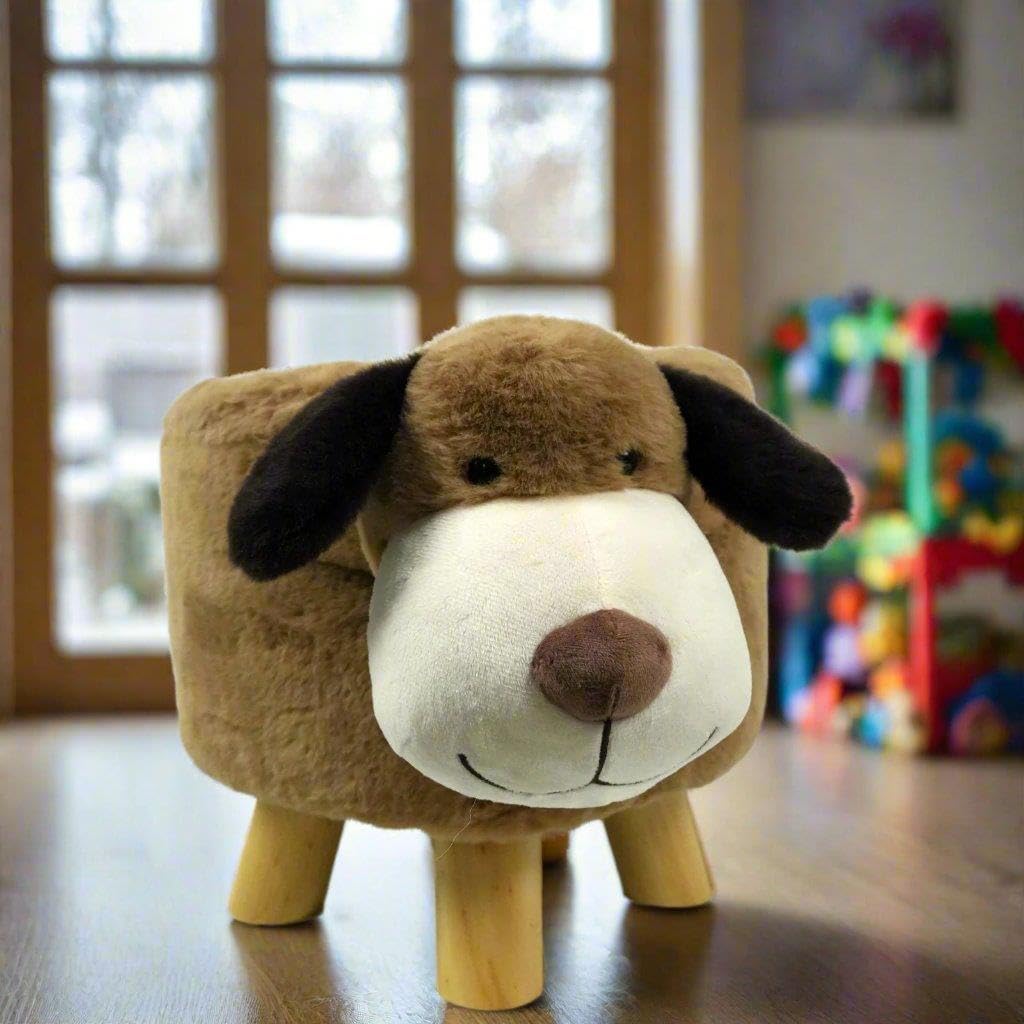 Wooden Animal Stool - 30cm Dog Design, Plush Faux Fur Seat with ...