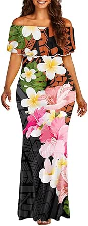 Hdjxbdhsv Women's Summer Polynesian Off Shoulder Maxi Dress Sexy Beach ...