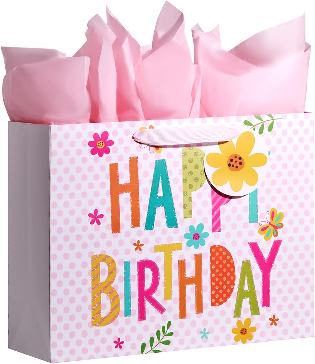 Amazon.com: momoake 13" Pink Happy Birthday Gift Bag with Card and ...