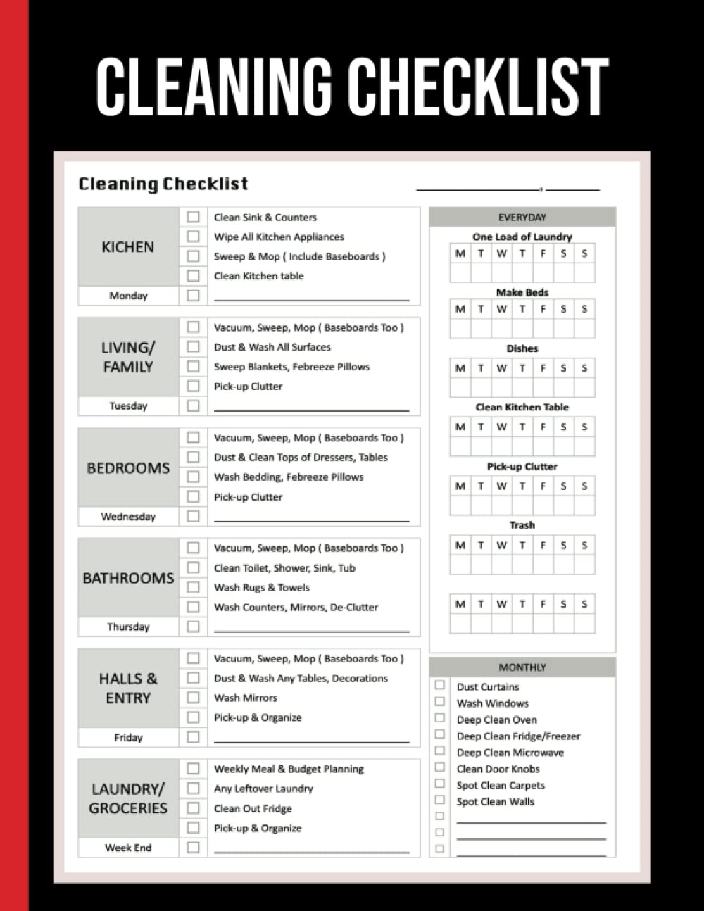 Cleaning Checklist: House Cleaning Planner and Organizer, Daily Weekly ...
