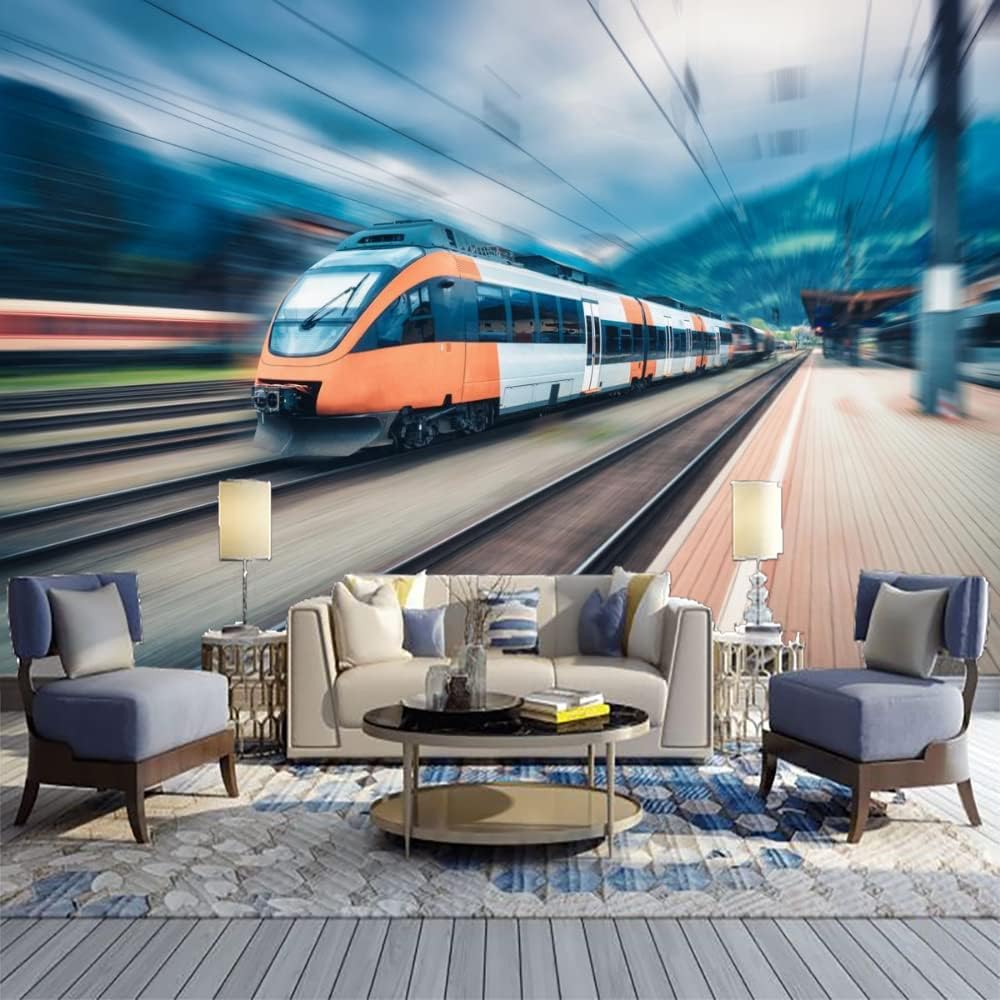 GIVLWF Motion Blur Effect High Speed Orange Train Mural Wall Art ...