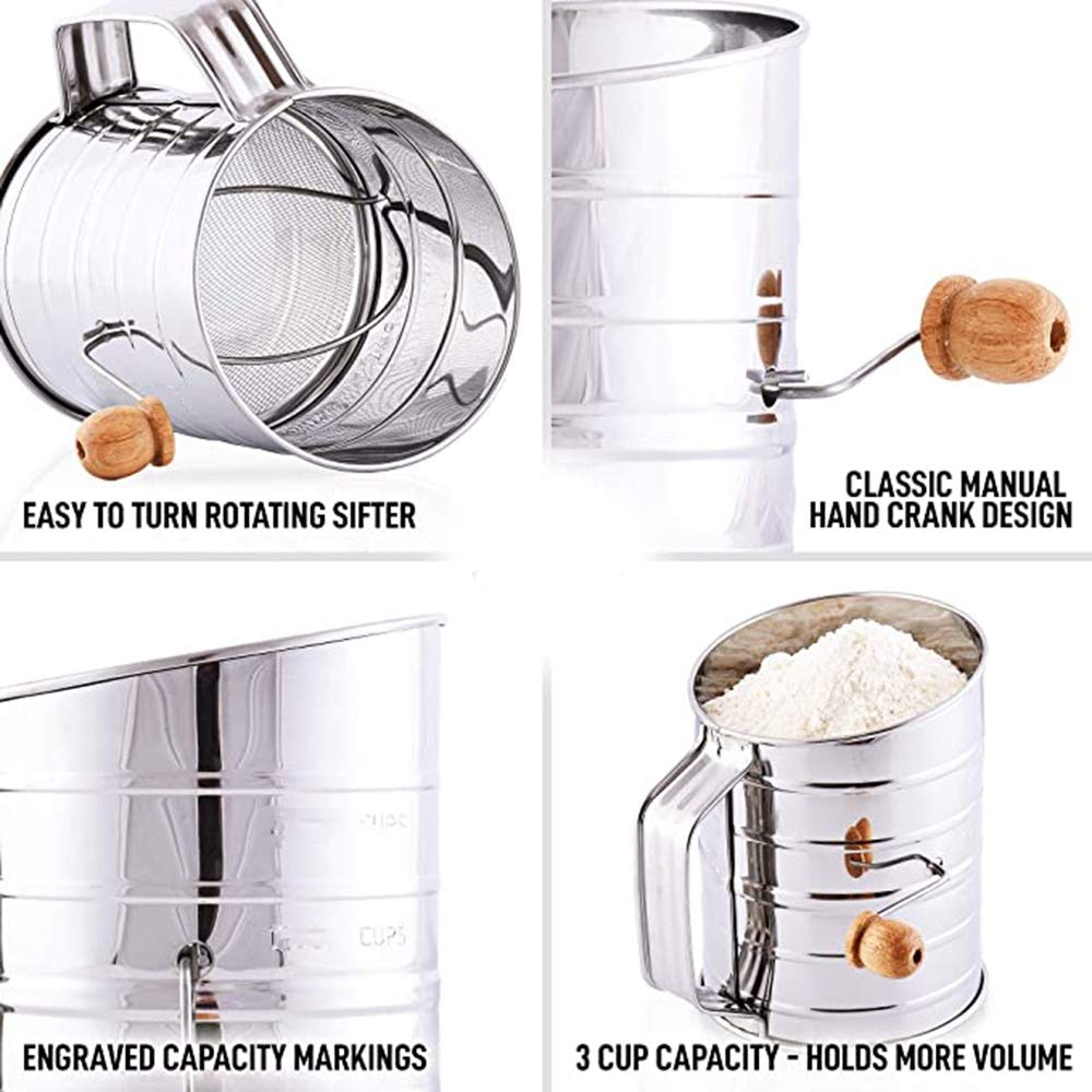 Bruafsir 3 Cup Stainless Steel Flour Sifter – Fine Mesh Rotary Hand ...
