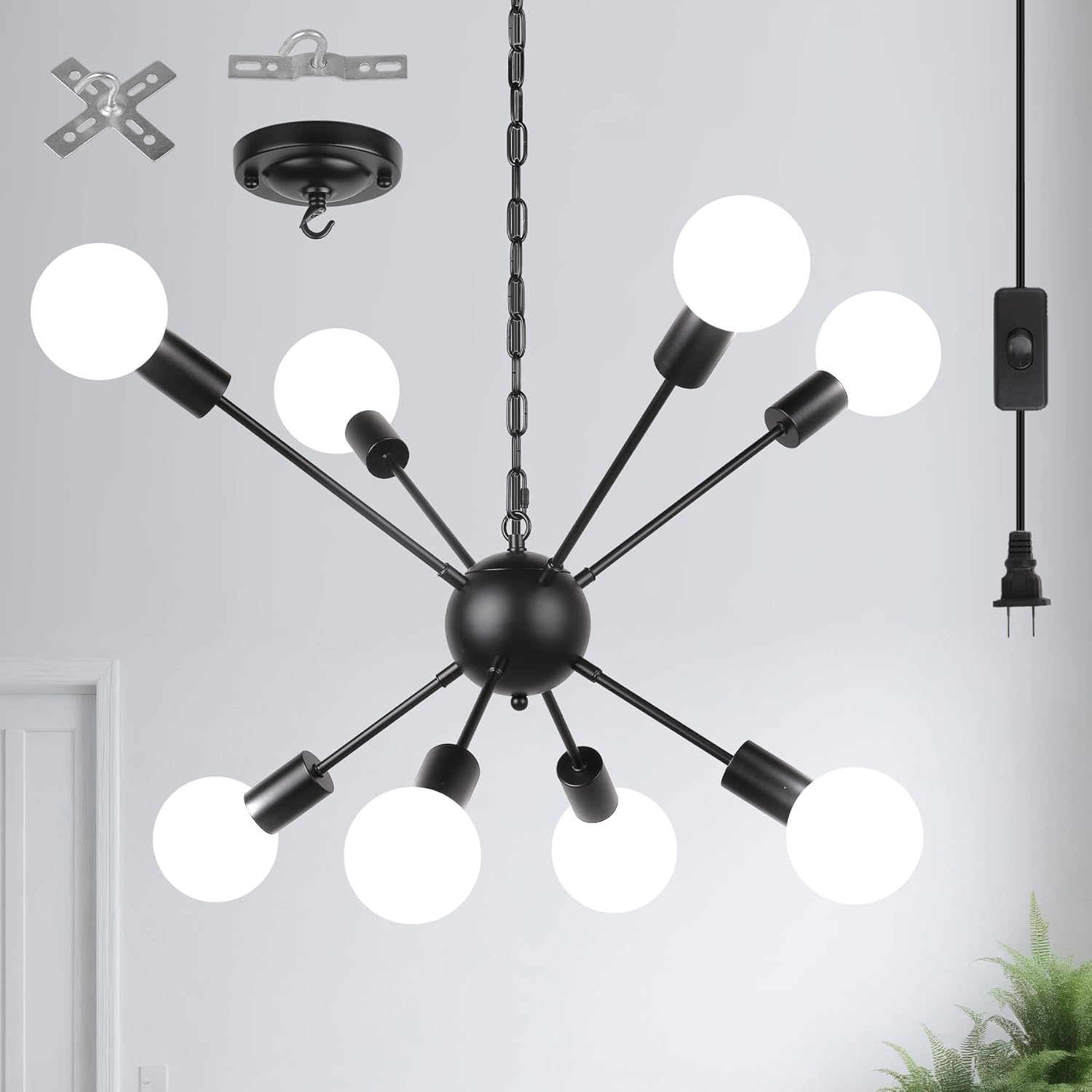 CHENBEN Sputnik Chandeliers Black Plug in Pendant Light with Cord,8 ...