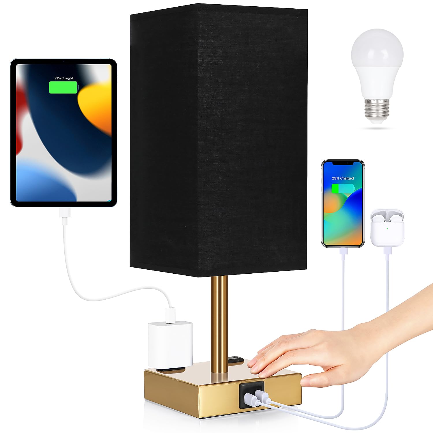 Bedside Lamp with USB Ports - Touch Control Table Lamp for Bedroom with ...