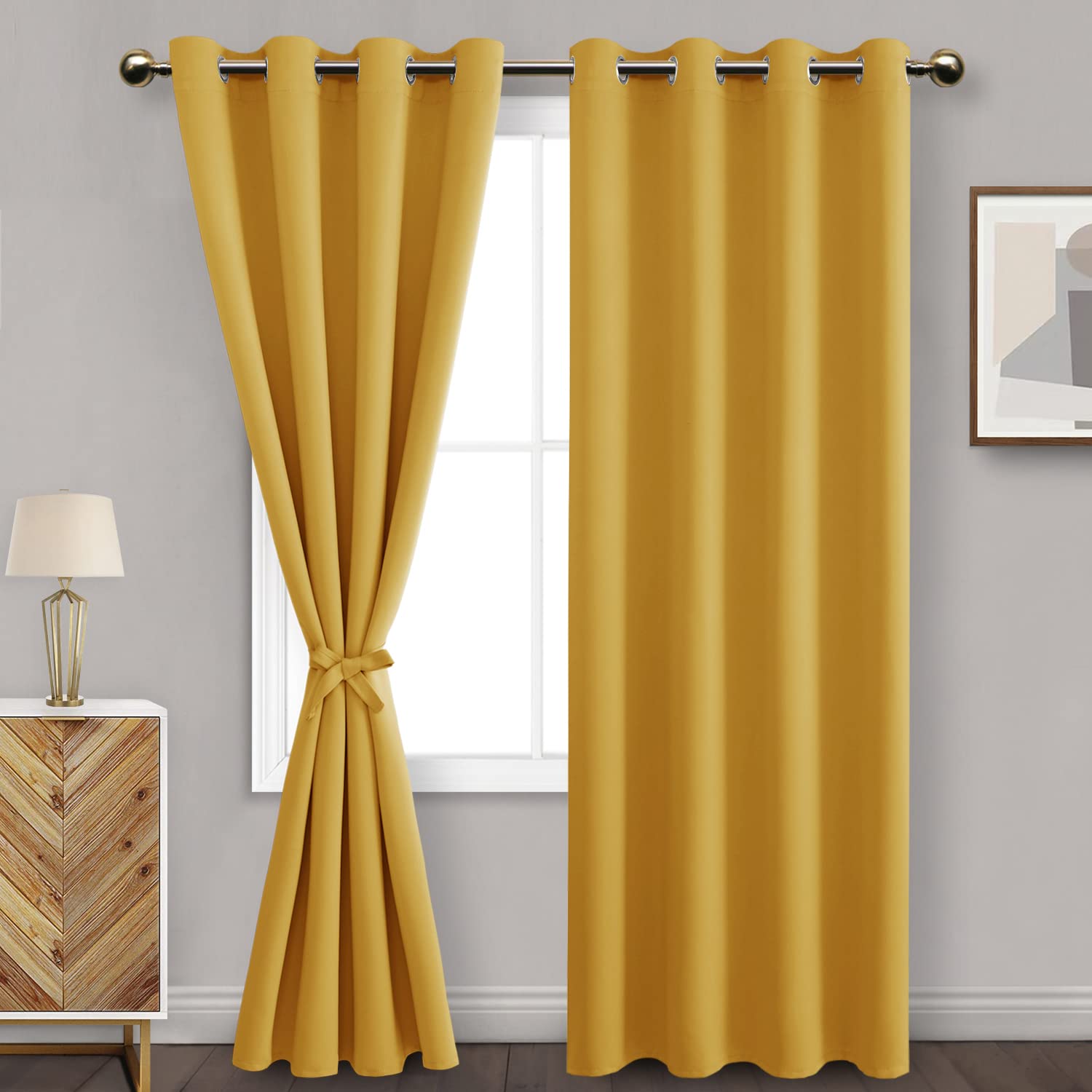 DWCN Yellow Blackout Curtains with Tiebacks for Window Privacy, Thermal ...