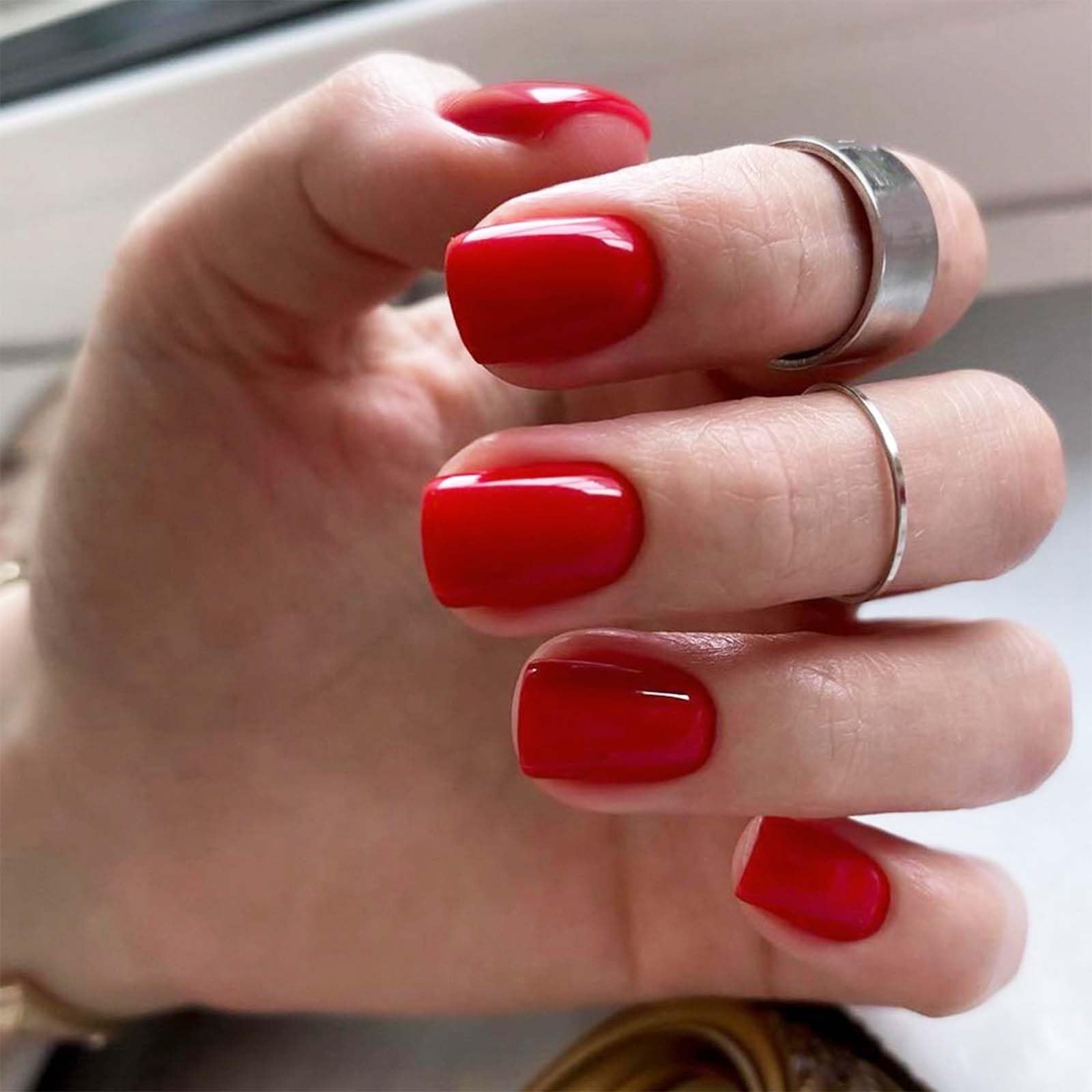 24pcs Square False Nails - Red Fake Nails - Medium Length Red False ...