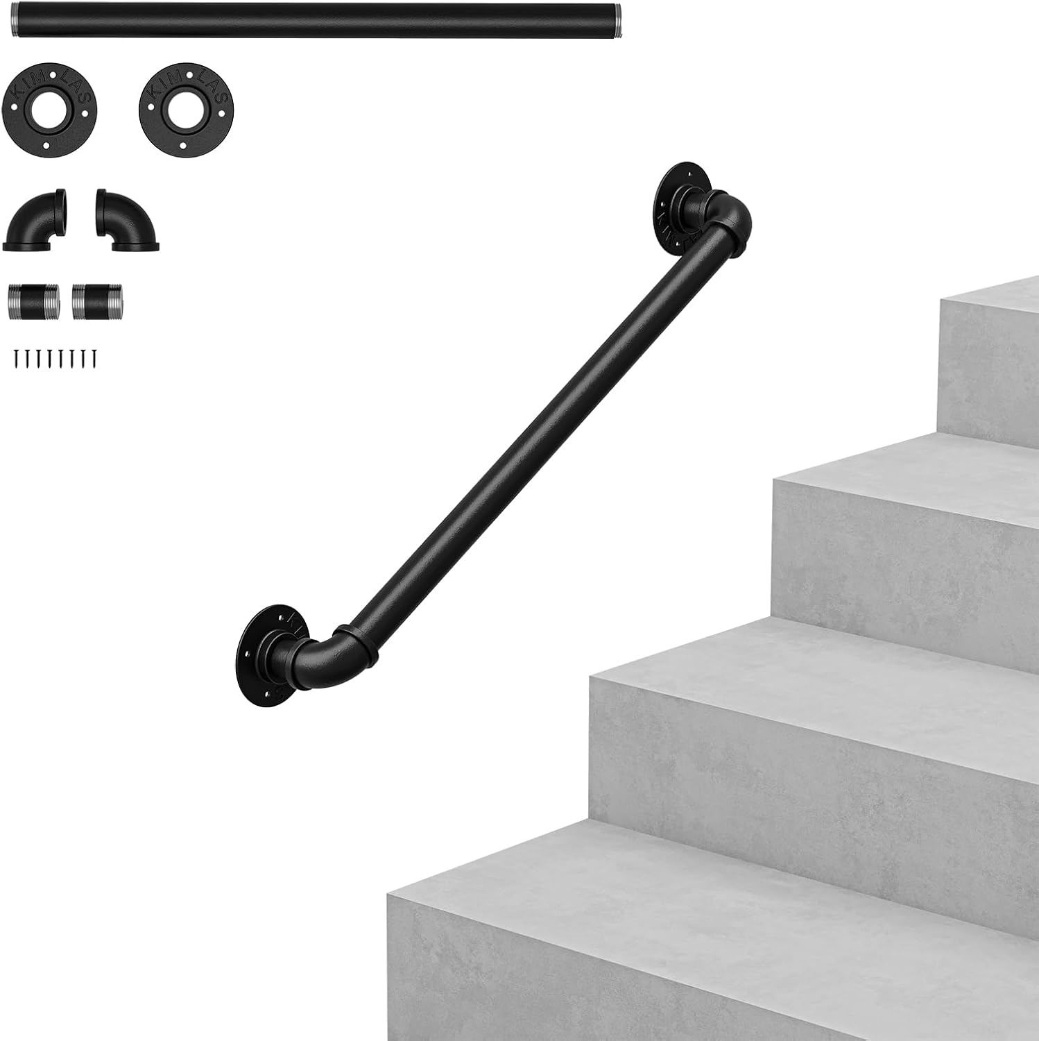 OUNUO Wall Handrail for Stairs Steps, Black Metal Industrial Pipe ...