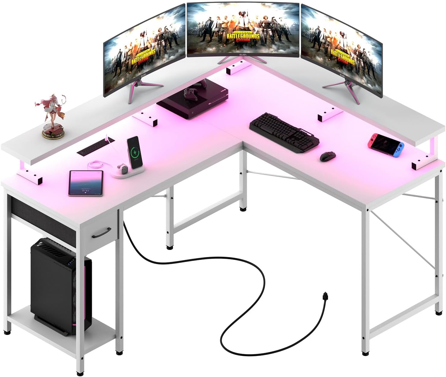 Amazon.com: L Shaped Computer Desk with LED Lights & Power Outlets ...