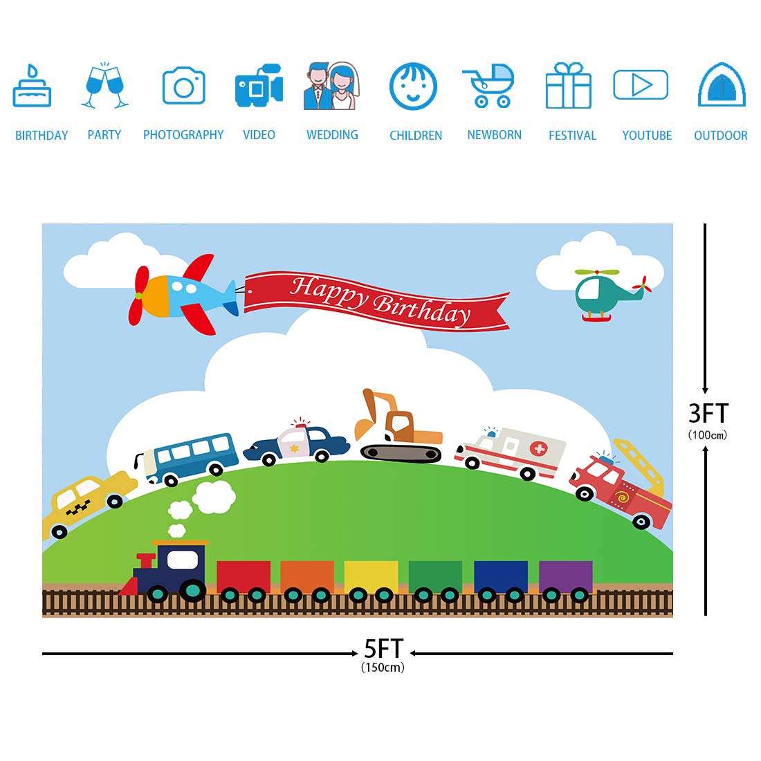Happy Birthday Backdrop for Kids Transportation 1st Birthday Background ...