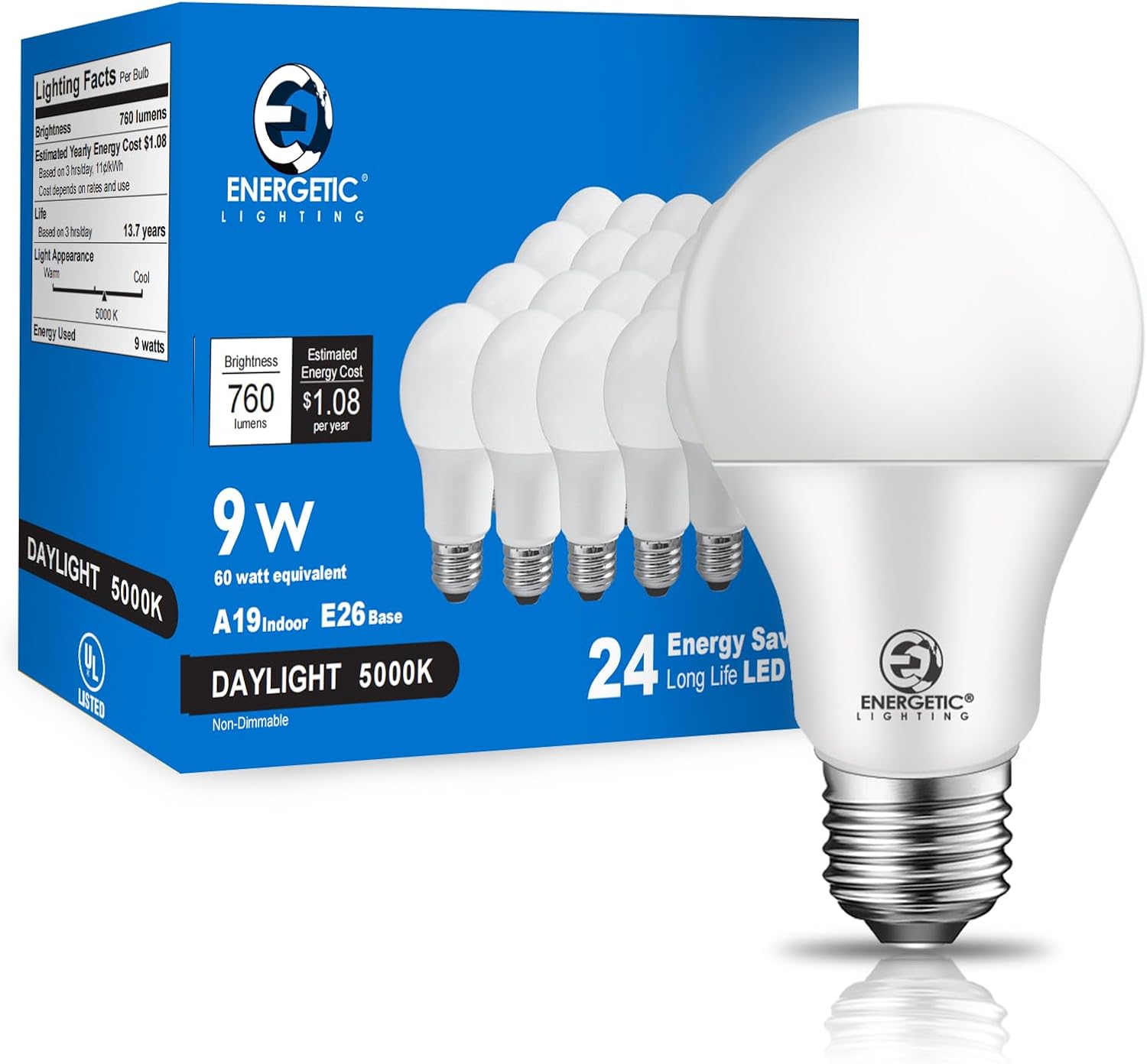 Energetic Light Bulbs 60 Watt Equivalent, A19 Daylight LED Light Bulbs ...