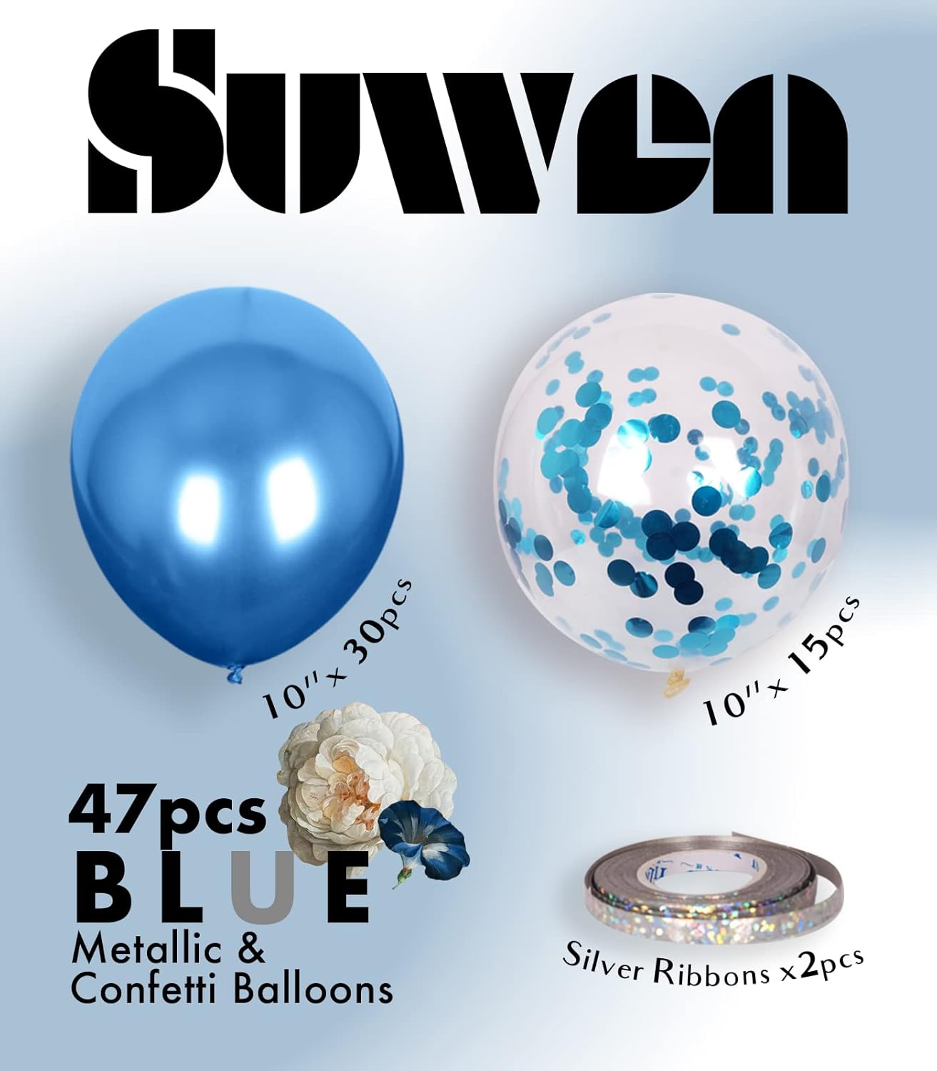 SUWEN Juego de globos azules metálicos y globos de confeti, 47 unidades ...