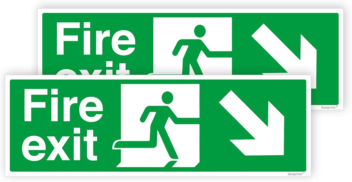 Pack of 2 Fire Exit Signs (300 x 100 mm) Waterproof Down Right Self ...