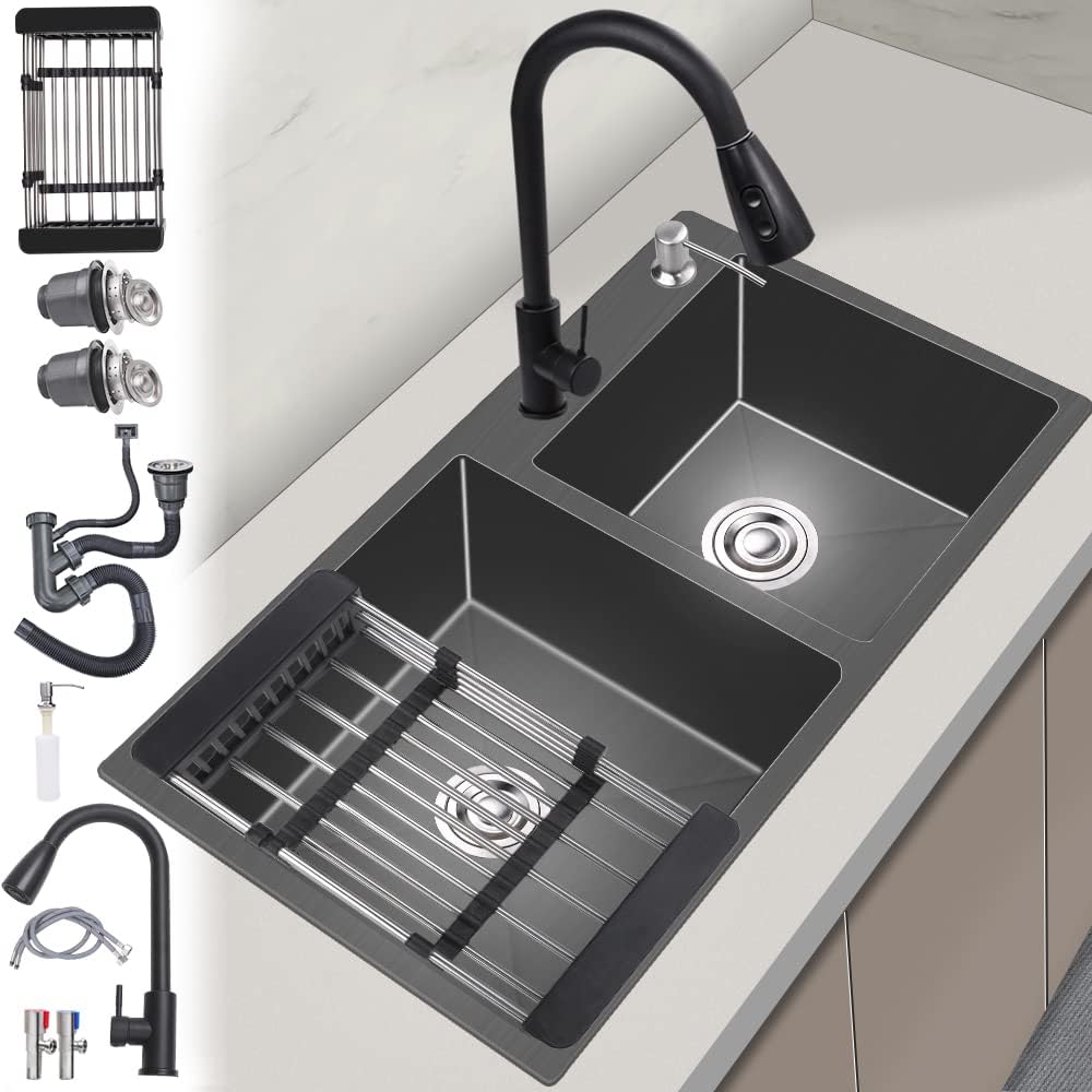 Daboza Double Bowl 304 Stainless Steel Kitchen Sink, Nano Coated Black ...