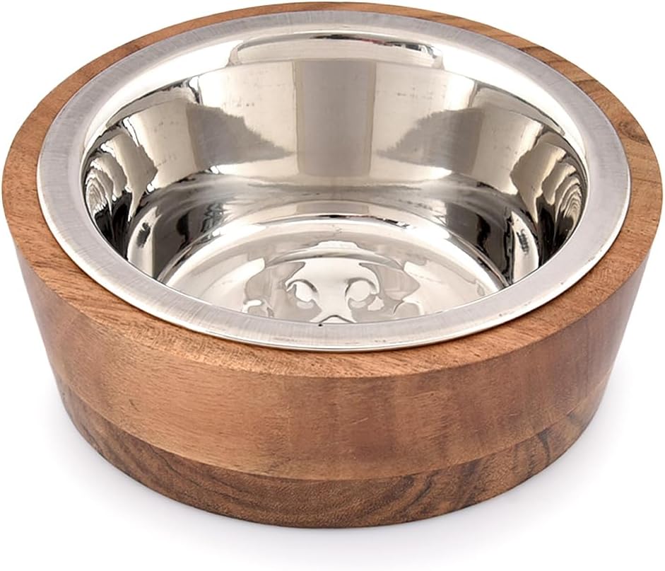 Pet Supplies : NIRMAN Steel & Acacia Wood Raised Dog Deep Bowl Dog Food ...