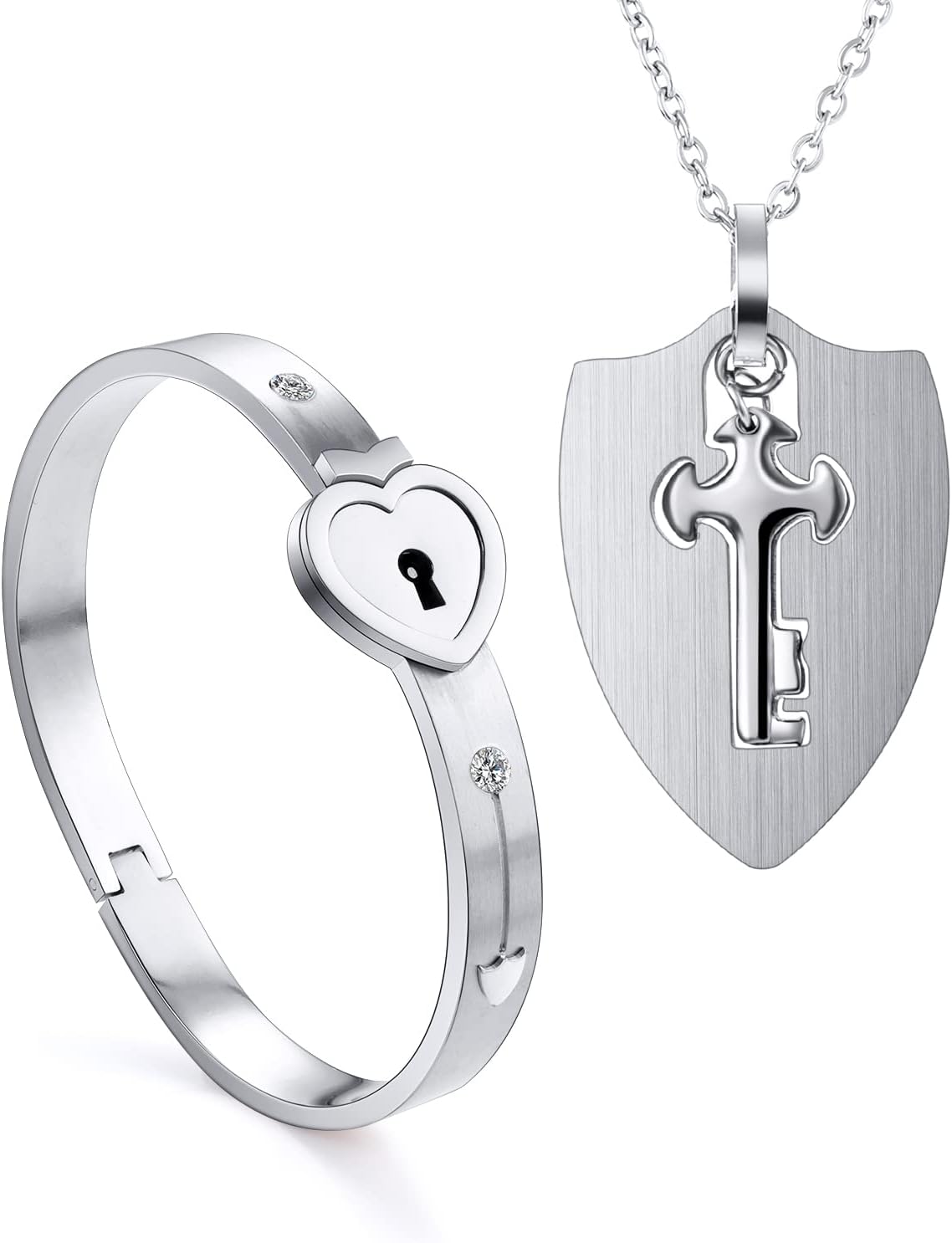 2 pièces bracelet jonc avec serrure et pendentif chaîne clé ensemble ...