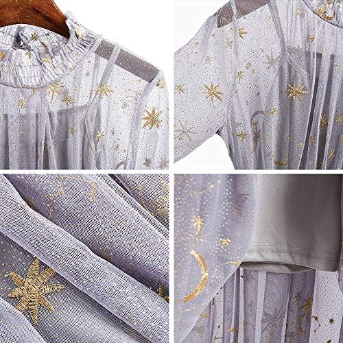 Women Summer Chiffon Dress Stars Moon Print Embroidered Skirt Long Puff ...