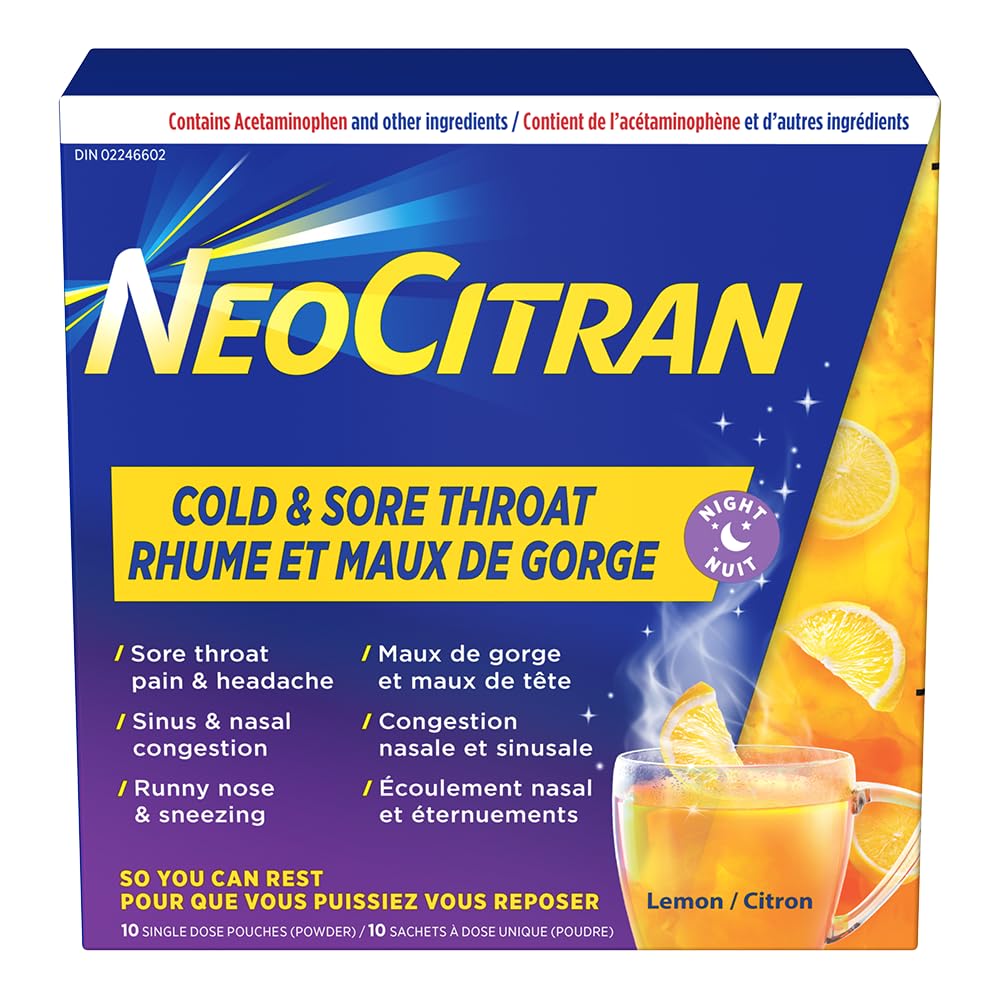 NeoCitran Cold & Sore Throat for Nighttime Relief, Lemon, 10 Count ...